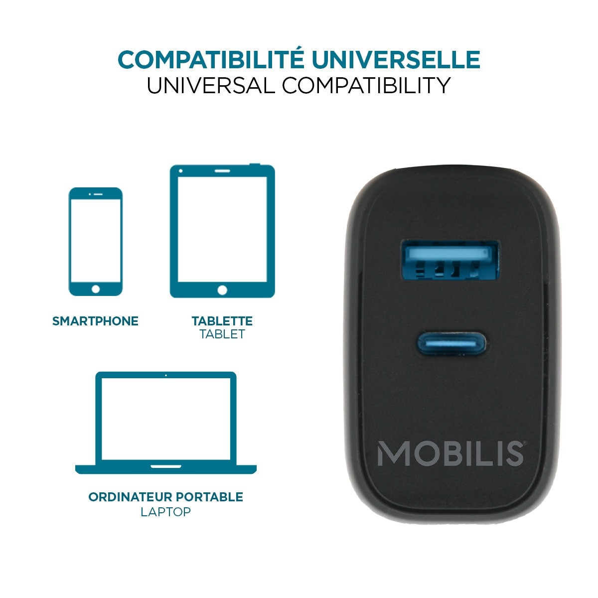 Chargeur secteur rapide 45W GaN - 1 USB-A + 1 USB-C - pour PC, Tablette ...