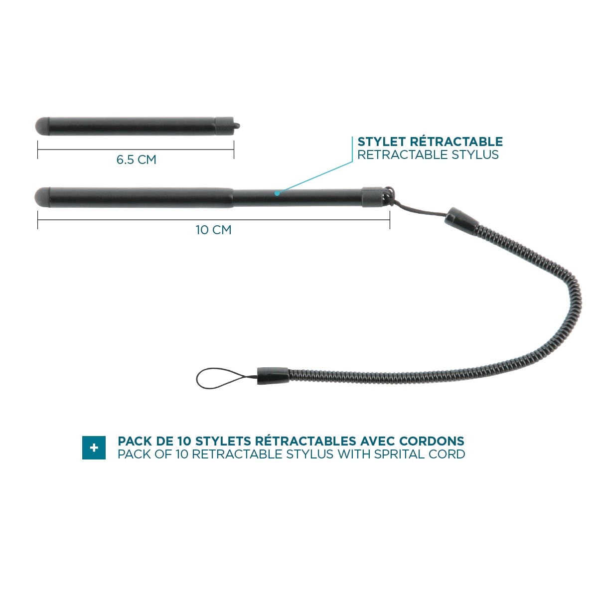 Pack of 10 rectractable universal styluses with spiral cord for ...