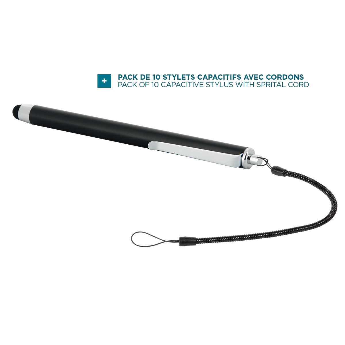 Pack of 10 capacitive stylus Matte Black + spiral cord